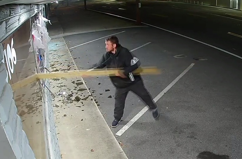 Man with Wood Pole smashes Windows at 8 Businesses then Laughs It Up ...