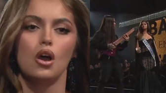 A candidate for Miss World Chile sings some death metal during the ...